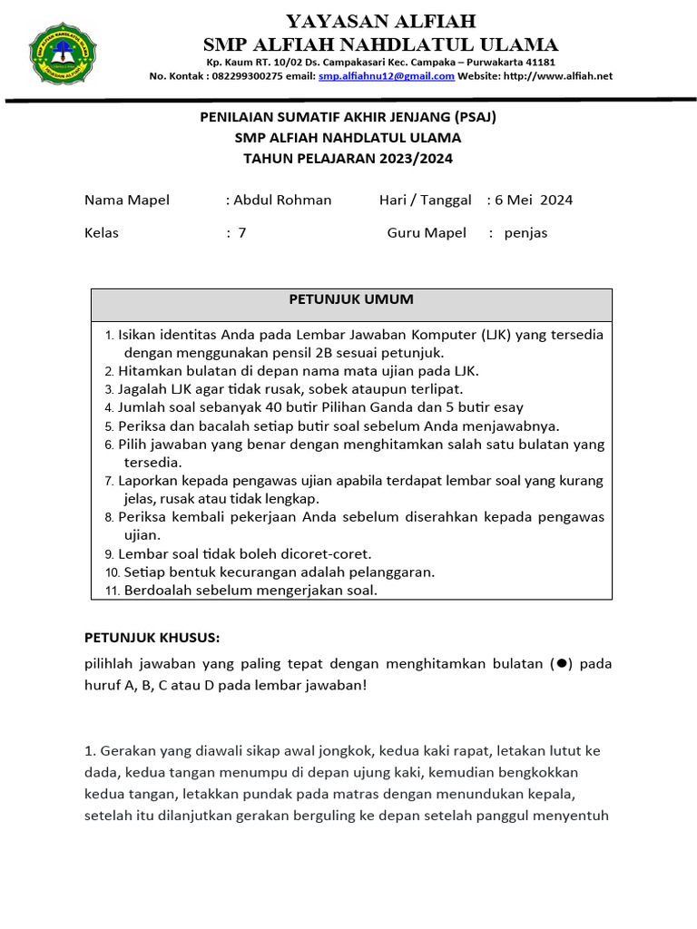 PENILAIAN SUMATIF AKHIR JENJANG adu | PDF