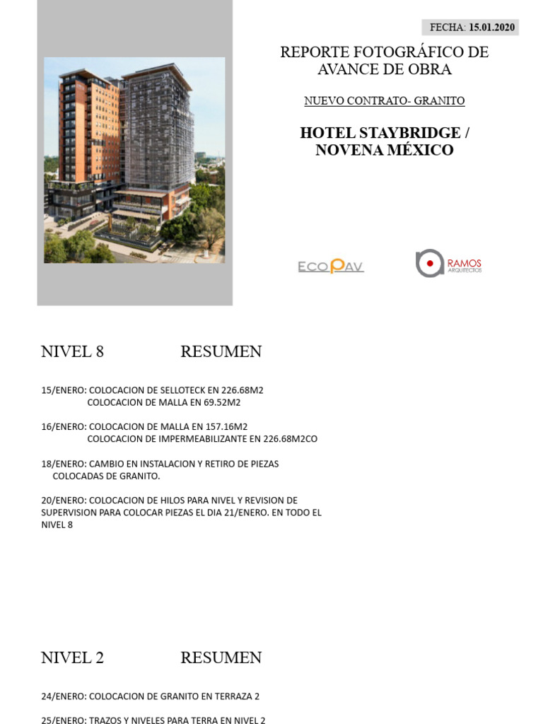 Reporte Fotográfico de Avance de Obra Staybridge-Granito y Durock | PDF