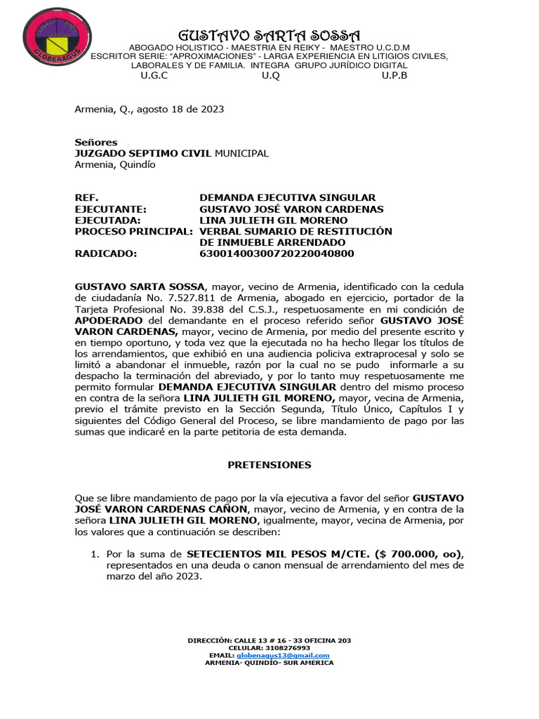DEMANDA EJECUTIVA GUSTAVO VARON- EJECUTADA LINA JULIETH GIL MORENO (1 ...