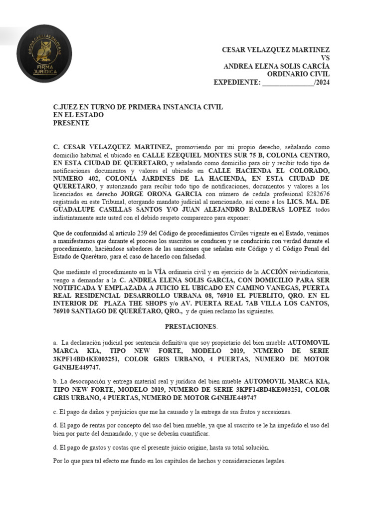 Demanda Reivindicatoria Bien Mueble | PDF | Propiedad | Matrimonio