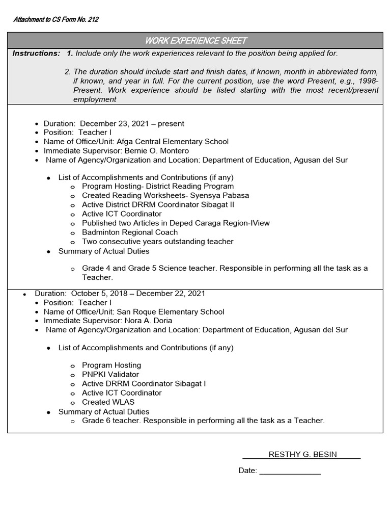 CS Form No. 212 Attachment Work Experience Sheet | PDF