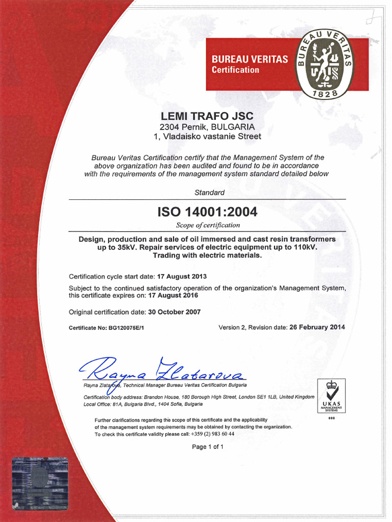 Lemi Trafo Iso 14001 2004 | PDF