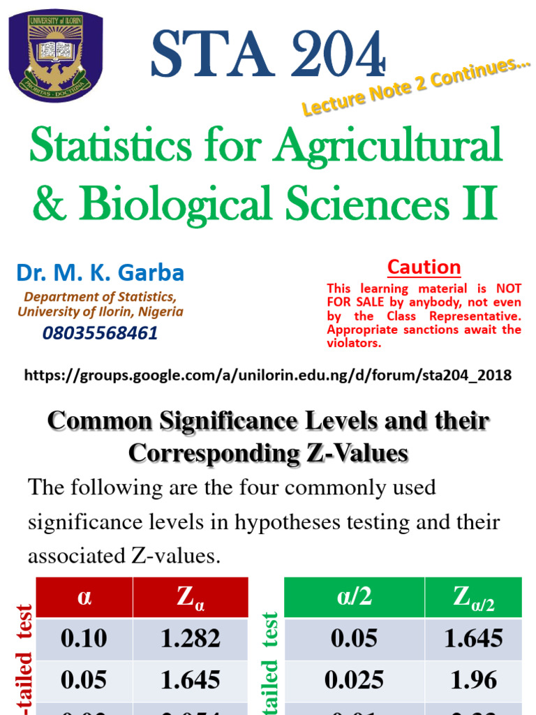 STA 204 Lecture Note 2 - Continuation | PDF | Statistical Hypothesis ...