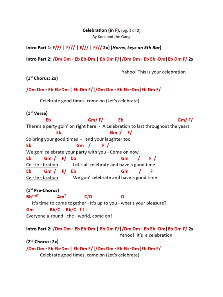 Celebration by Kool and the Gang (Chords in F) | PDF | Song Structure ...