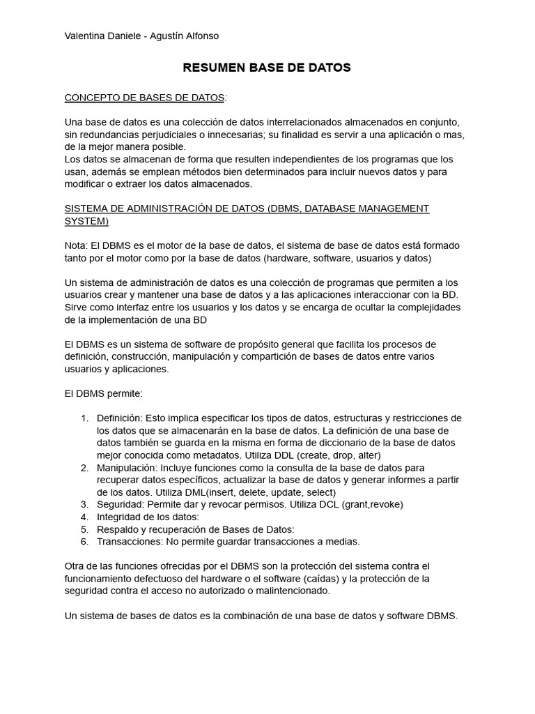 Resumen sobre Bases de Datos y DBMS | PDF | Bases de datos | Compilador