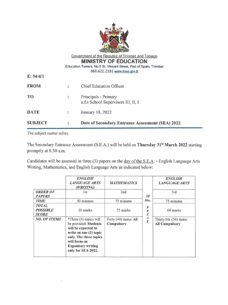 Memo - Date of Secondary Entrance Assessment | PDF
