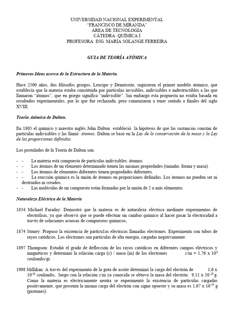 Guía de Teoría Atómica | PDF | Átomos | Configuración electronica