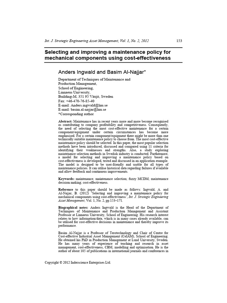 Selecting and Improving A Maintenance Policy For Mechanical Components ...