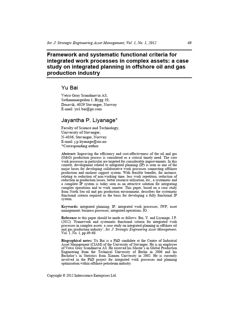 Framework And Systematic Functional Criteria For Integrated Work Processes In Complex Assets A