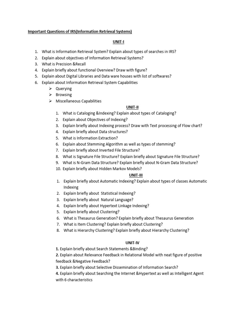 IRS Unit Wise Important Questions | PDF | Information Retrieval | Search Engine Indexing