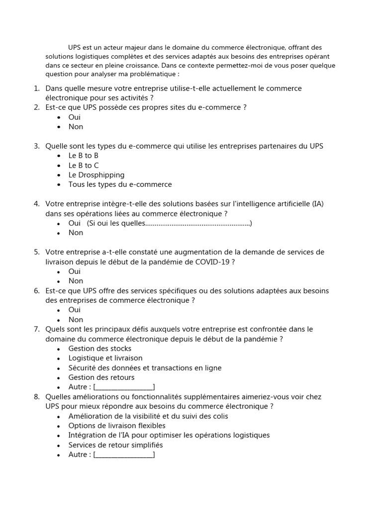 Questionnaire sur le e-commerce UPS | PDF | Commerce électronique ...