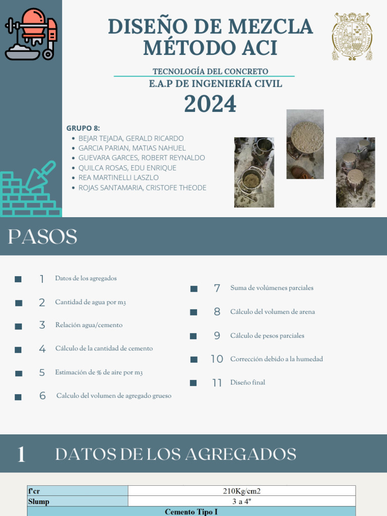 Diseño de Mezcla - Método Aci - Grupo 8 | PDF | Ingeniero civil | Ingeniería
