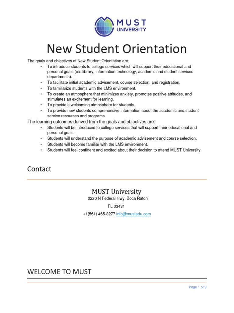 Must University New Student Orientation V27 06 Pdf Course Credit