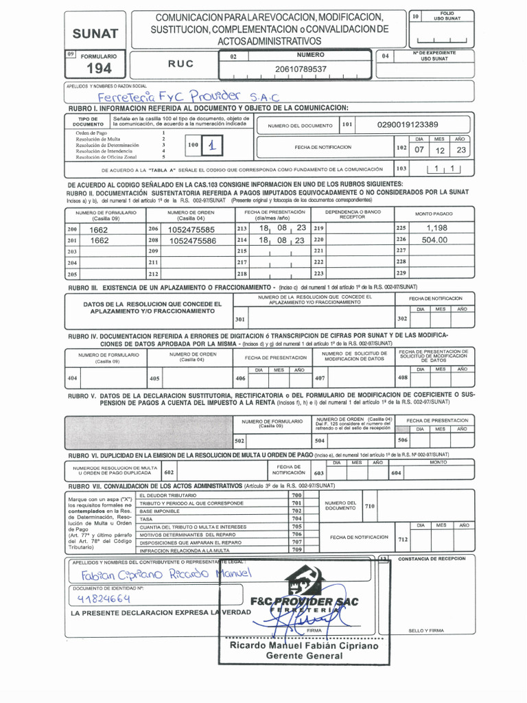 Formulario 194 - 0001 | PDF