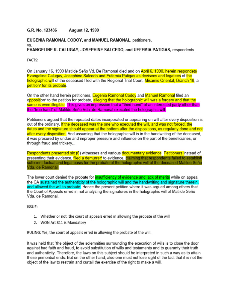Codoy Vs Calugay Digested | PDF | Will And Testament | Legal Documents