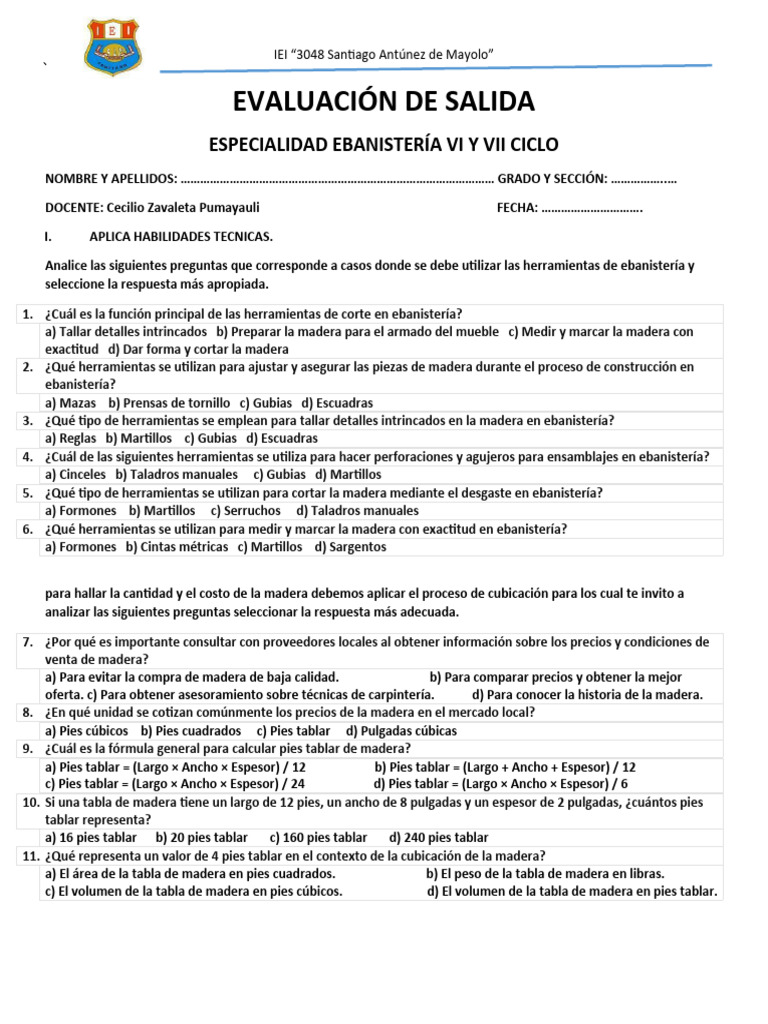 PRUEBA DE SALIDA Primer Bimestre | PDF | Herramientas | Perforar