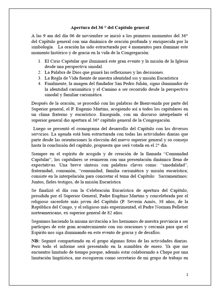 Apertura del 36° Capítulo General SSS | PDF | eucaristía | Oración