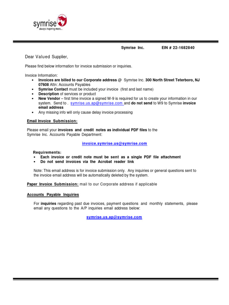 Symrise Inc Invoice Submission & AP Inquiries | PDF