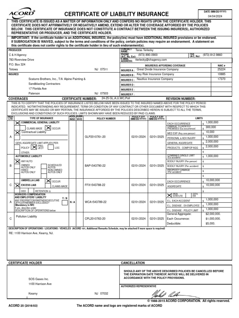 COI - SOS Gases Inc. (1100 Harrison Ave) 4.4.24 | PDF | Insurance ...
