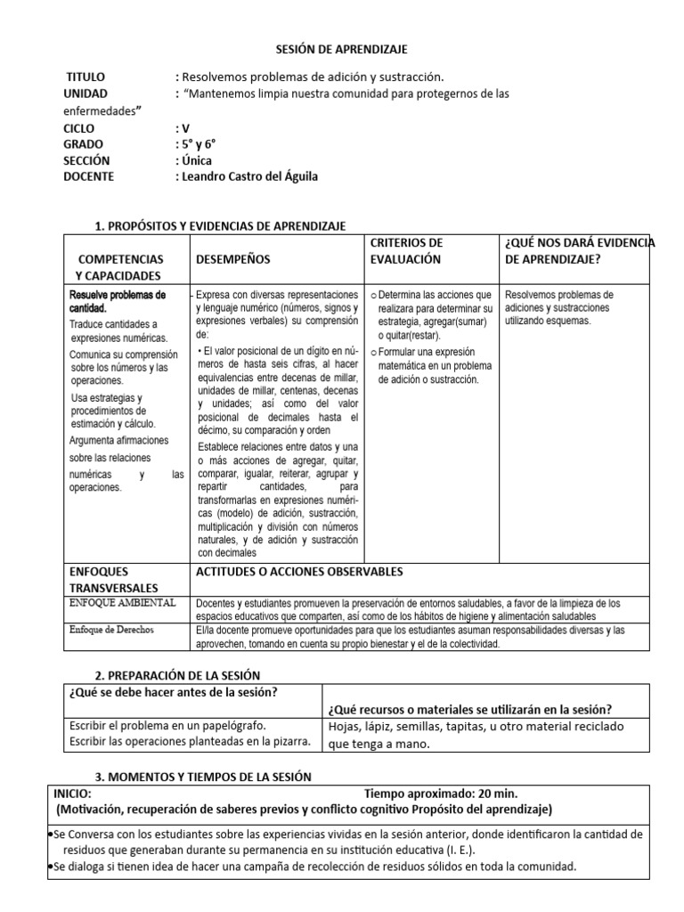 Sesión de Aprendizaje 05 | PDF | Sustracción | Residuos