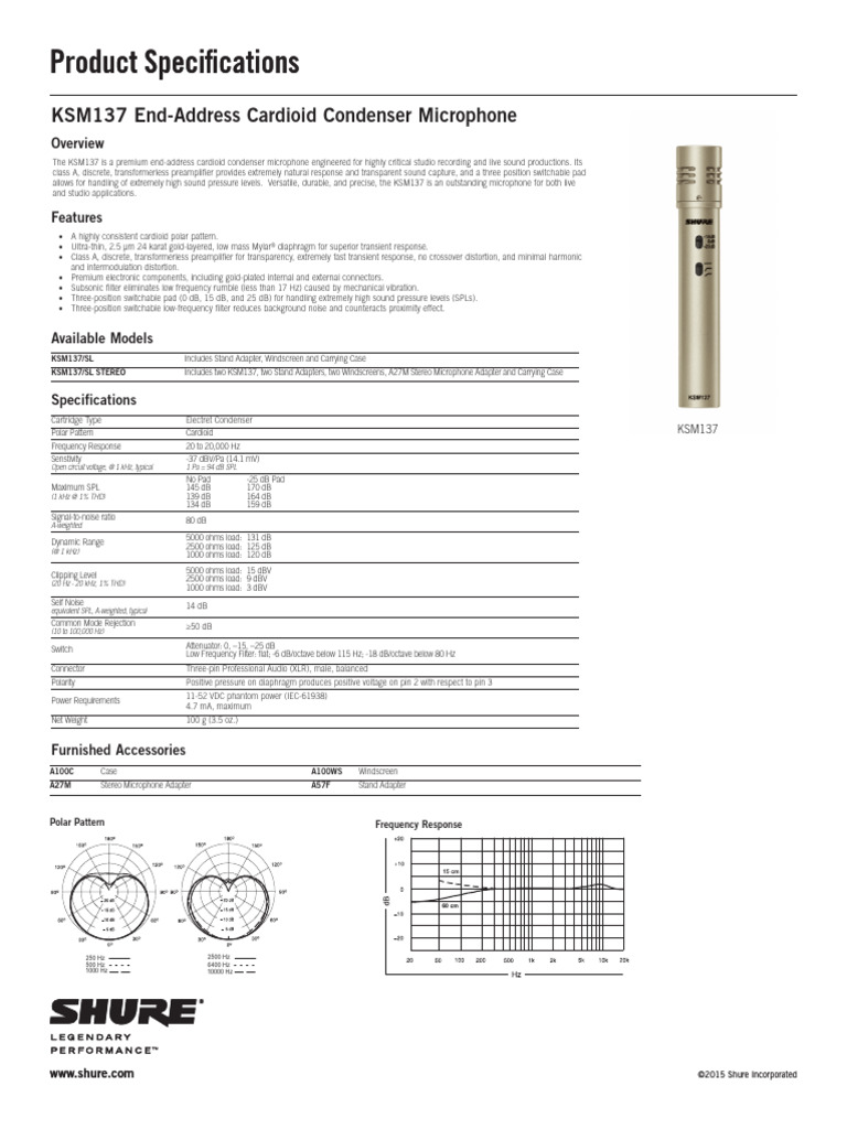 Product Specifications Product Specifications: KSM137 End-Address Cardioid Condenser Microphone ...