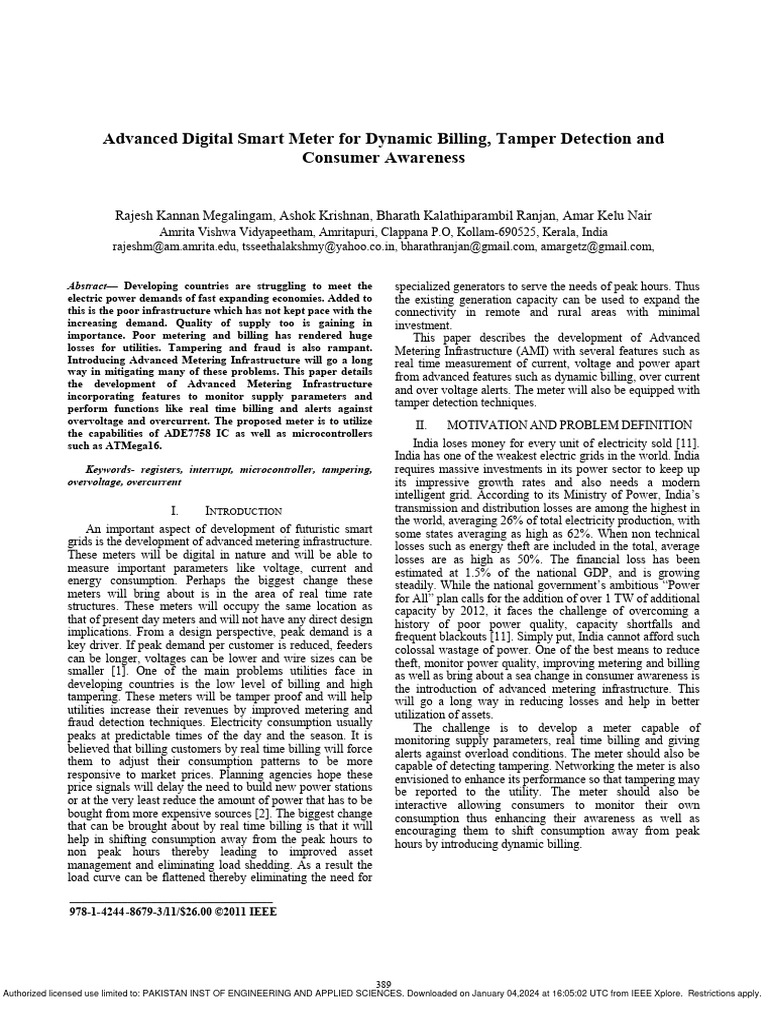 Advanced Digital Smart Meter For Dynamic Billing Tamper Detection and ...