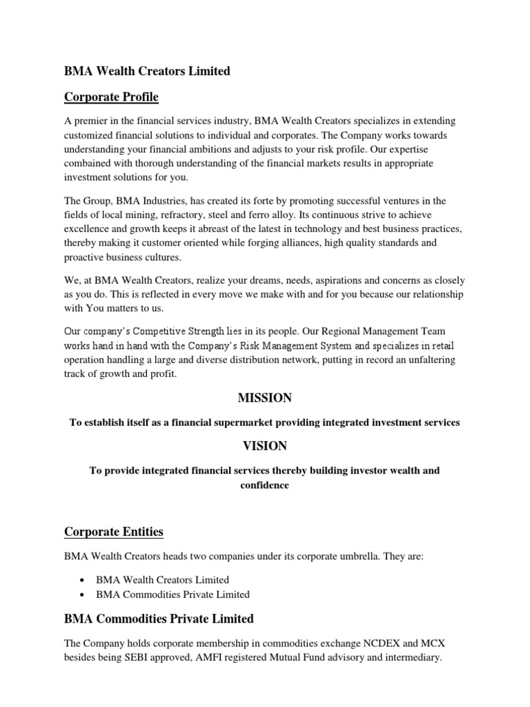 BMA Wealth Creators Corporate Profile | PDF | Business Economics ...