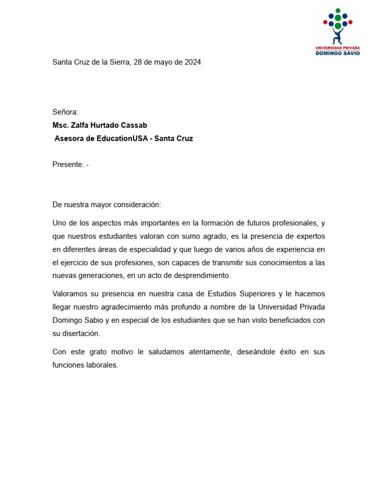 CARTA DE AGRADECIMIENTO_ ZALFA HURTADO CASSAB | PDF