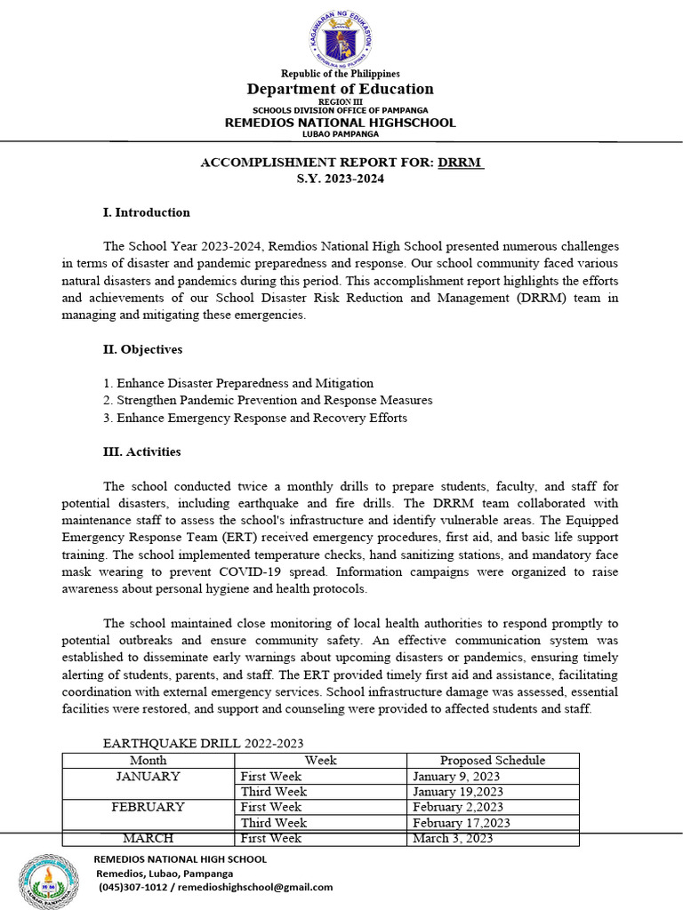 DRRM Accomplishment Report. 2023 2024 | PDF | Emergency Management | Disasters