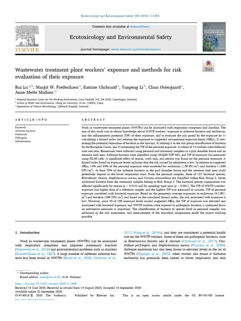 2020 Wastewater Treatment Plant Workers Exposure and Methods For Risk ...