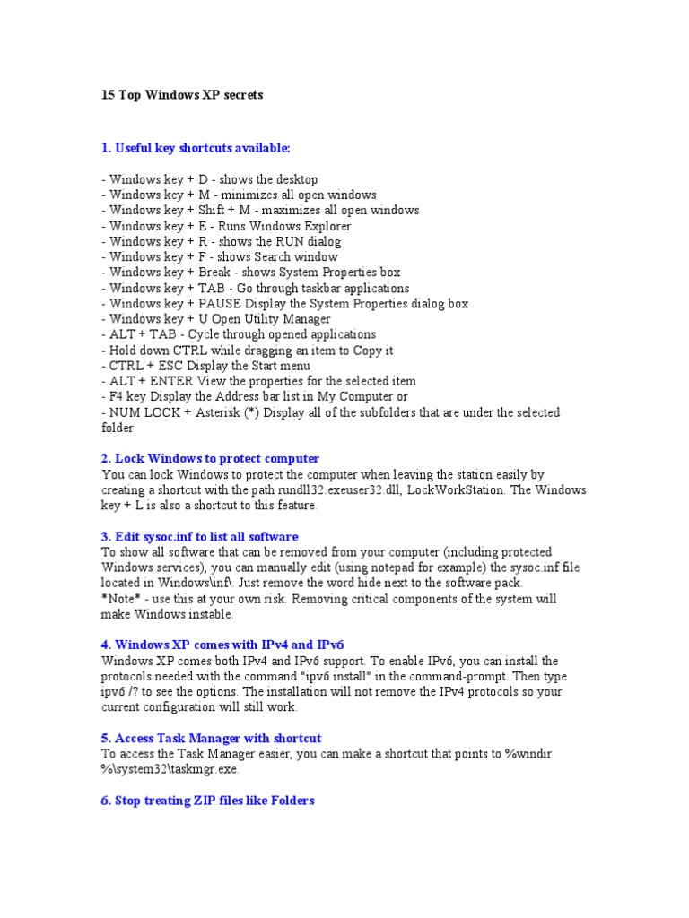 Useful Key Shortcuts Available:: 15 Top Windows XP Secrets | PDF ...