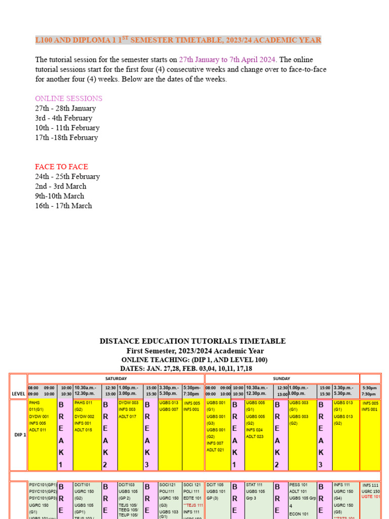 DISTANCE EDUCATION TIMETABLE SEM 1 DIP 1 AND LEVEL 100 - Updated | PDF