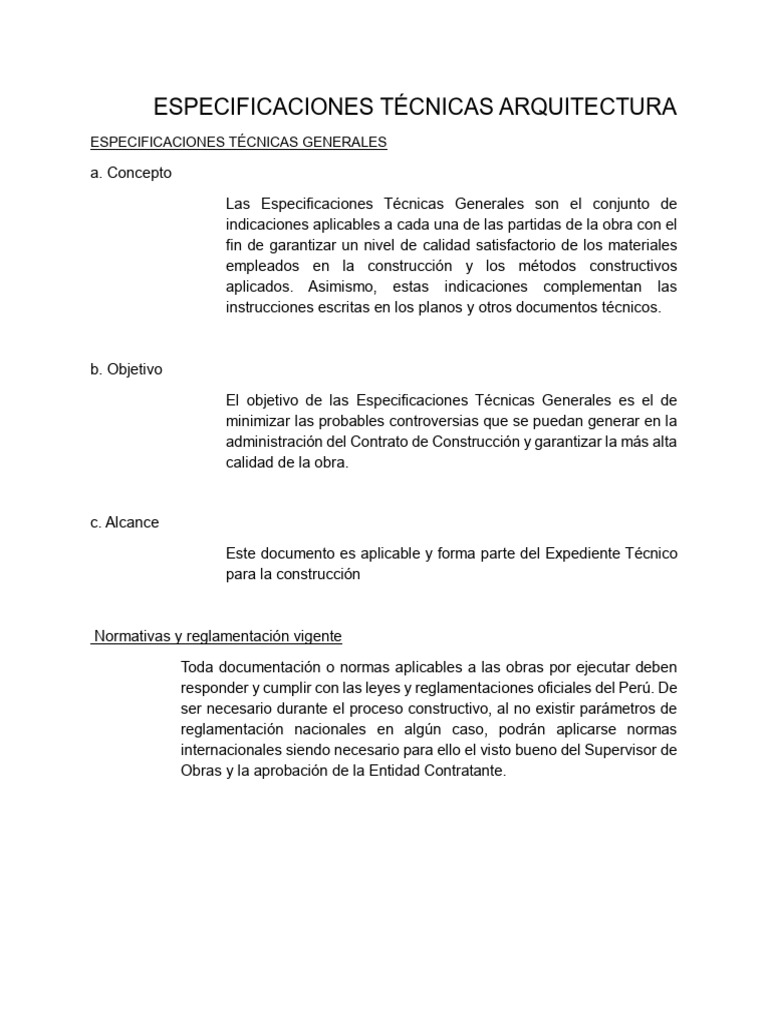 Especificaciones Tecnicas Arquitectura | PDF | Albañilería | Hormigón
