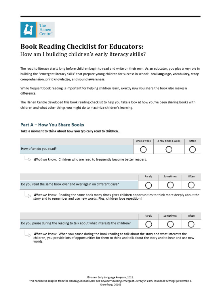 Book Reading Checklist Educators Fillable | PDF | Human Communication ...