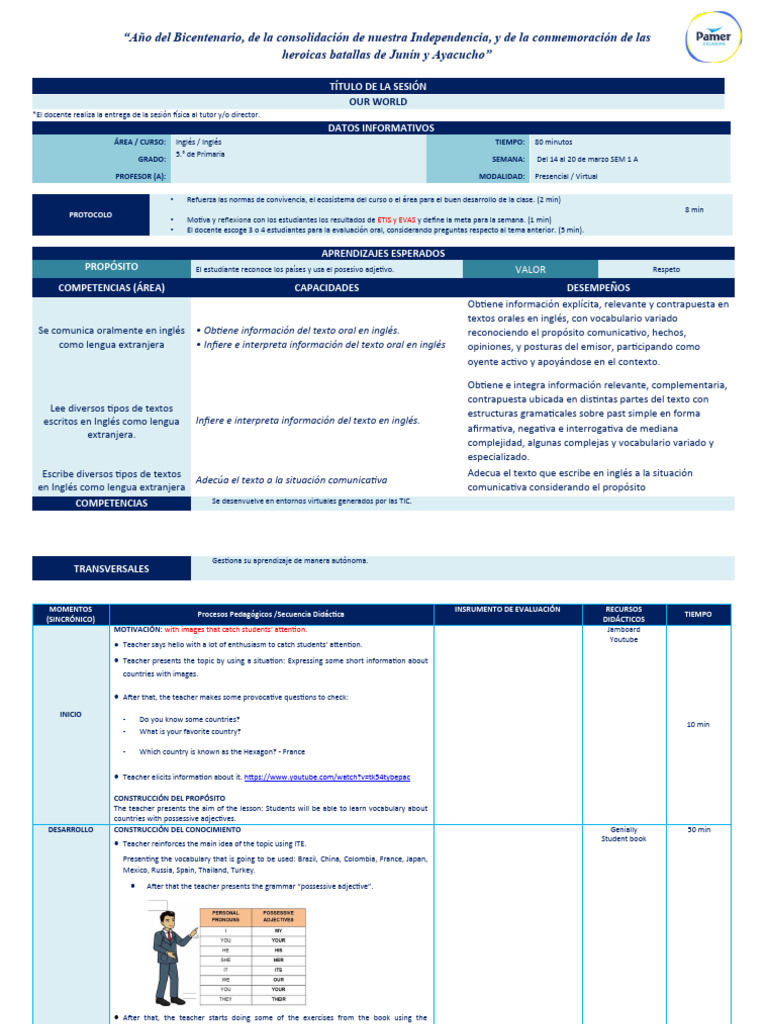 Sesión de aprendizaje_SEM1-8_P5_INGL_I BIM | PDF | Evaluación | Idioma en Inglés