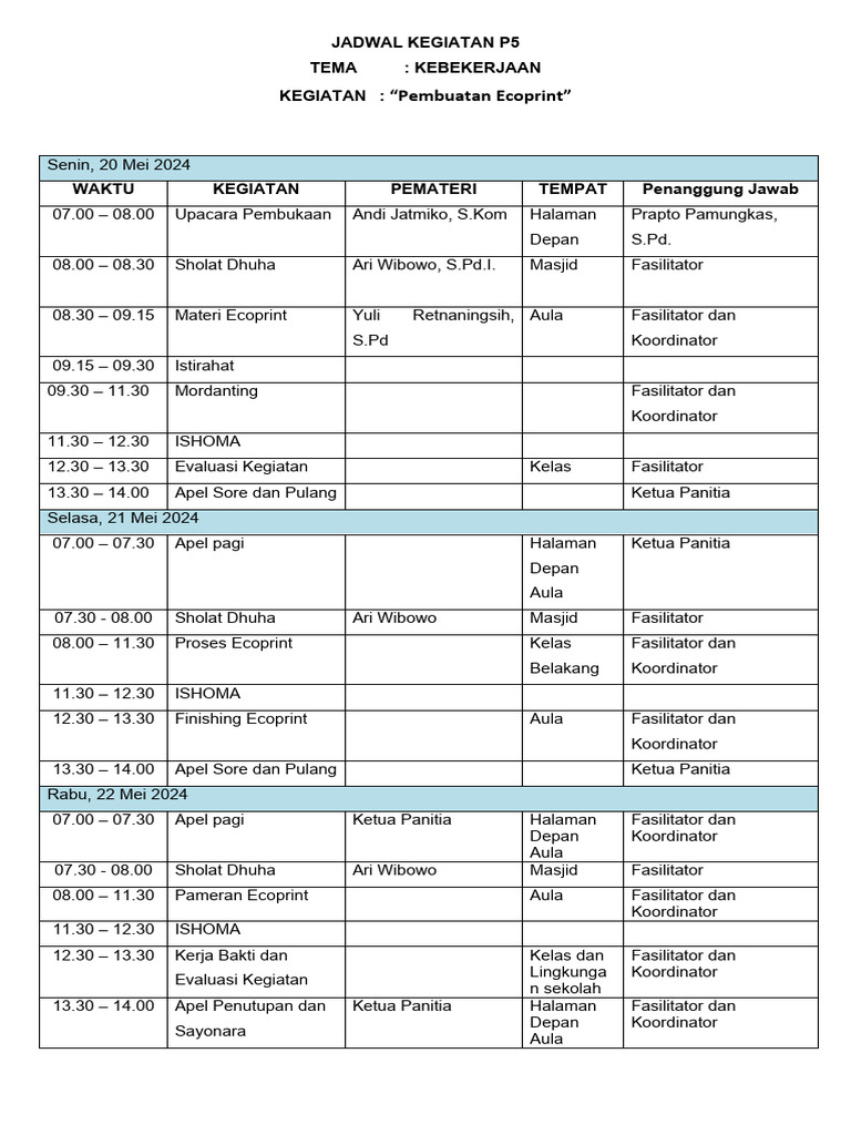 Jadwal Kegiatan p5 - Kebekerjaan Mei 2024 | PDF