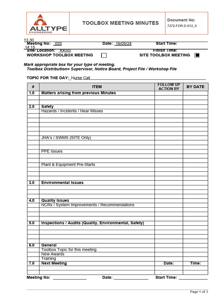 7272 For D 012 Toolbox Meeting Minutes | PDF | Safety | Occupational ...