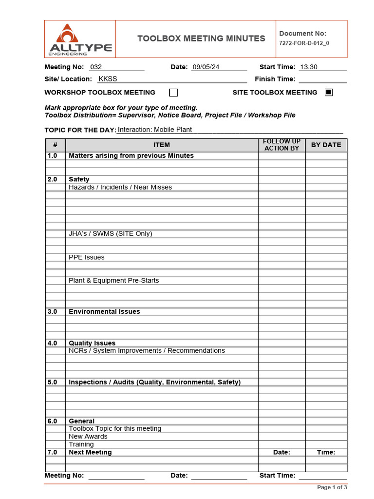 7272 For D 012 Toolbox Meeting Minutes | PDF | Safety | Occupational ...