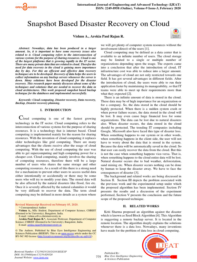 Snapshot Based Disaster Recovery On Cloud | PDF | Cloud Computing | Backup