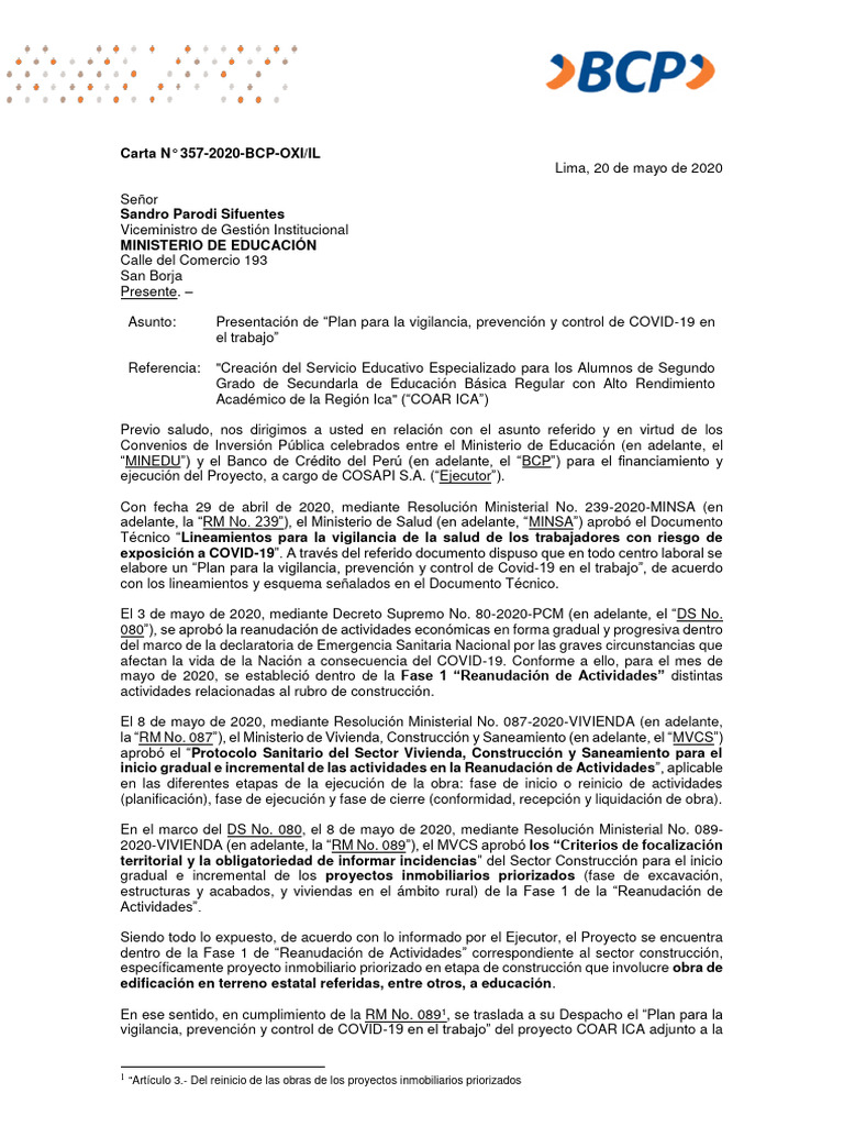 Carta 357 A Minedu Traslada PLAN Protocolo Covid de Cosapi COAR ICA | PDF