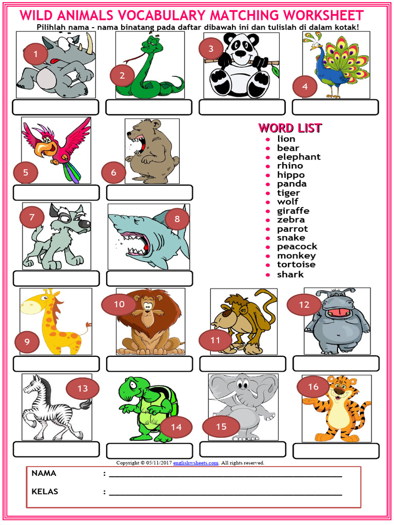 Animals Vocabulary Esl Matching Exercise Worksheets For Kids | PDF ...