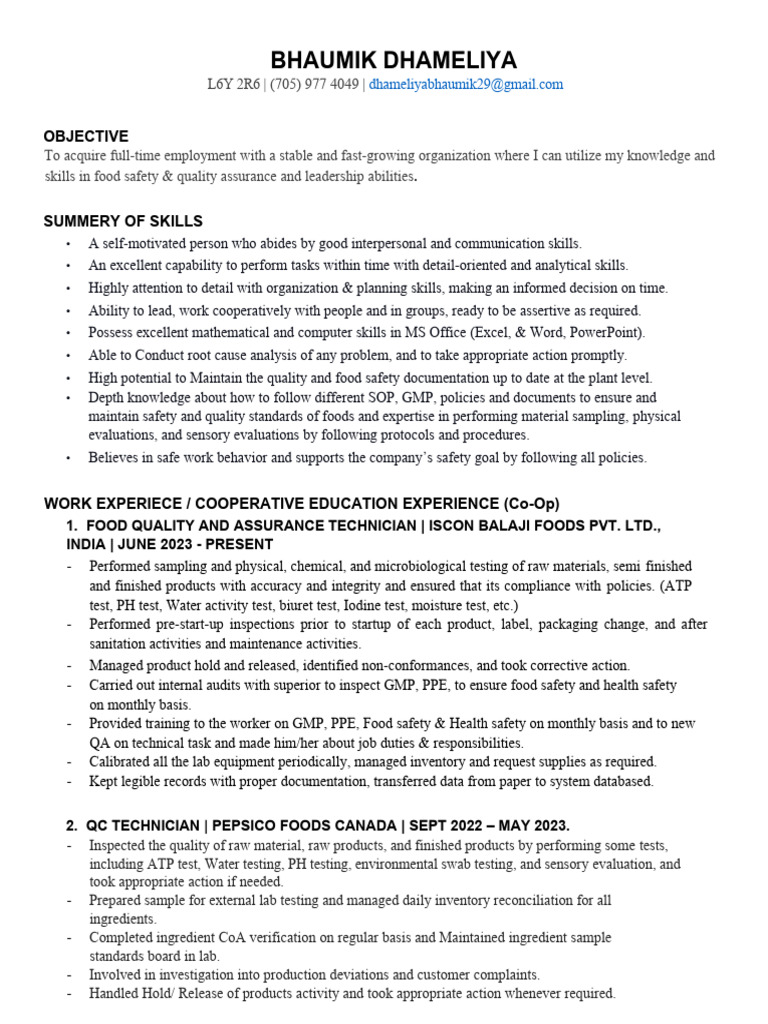 Bhaumik d Fsqa Technician 2024 | PDF | Food Safety | Hazard Analysis ...