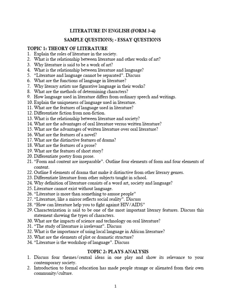 Literature in English: Sample Questions | PDF | Poetry | Novels