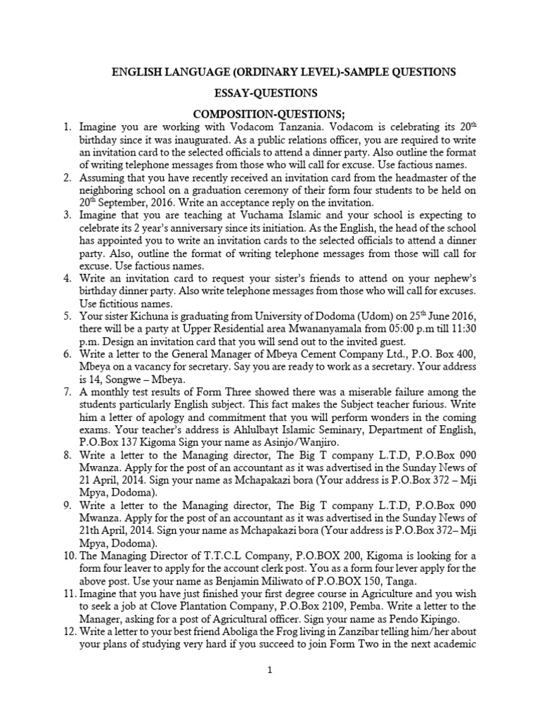 ENGLISH LANGUAGE (O-LEVEL)-SAMPLE QUESTIONS | PDF | Poetry | Novels