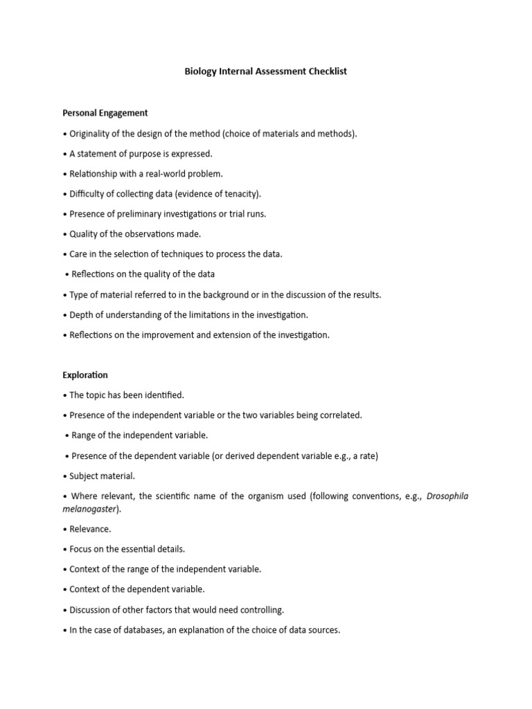 Biology Internal Assessment Checklist | PDF | Statistics | Methodology