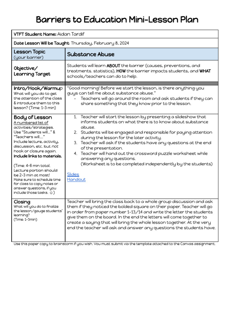 Barrier Mini-Lesson Plan | PDF | Learning | Behavior Modification