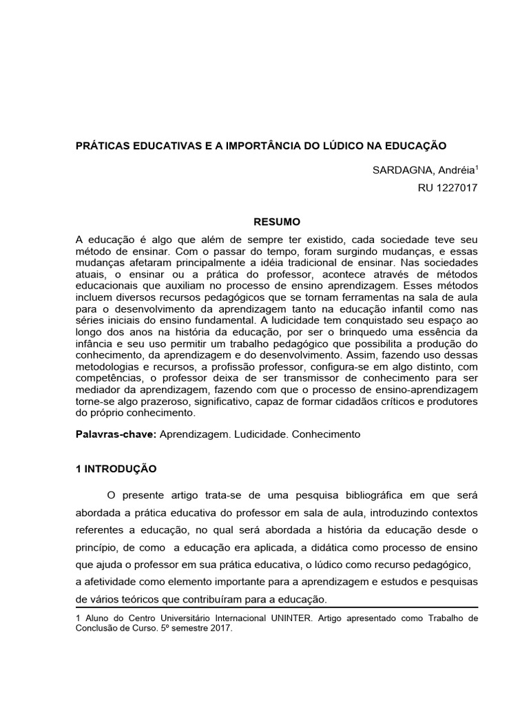 Praticas Pedagogicas E A Importancia Do Ludico Na Educação Tcc Pdf