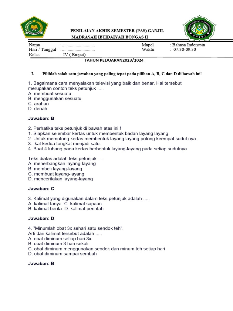 Soal Bahasa Indonesia Kelas 4 Kurikulum Merdeka | PDF | Seni & Disiplin Bahasa | Kajian Bahasa Asing