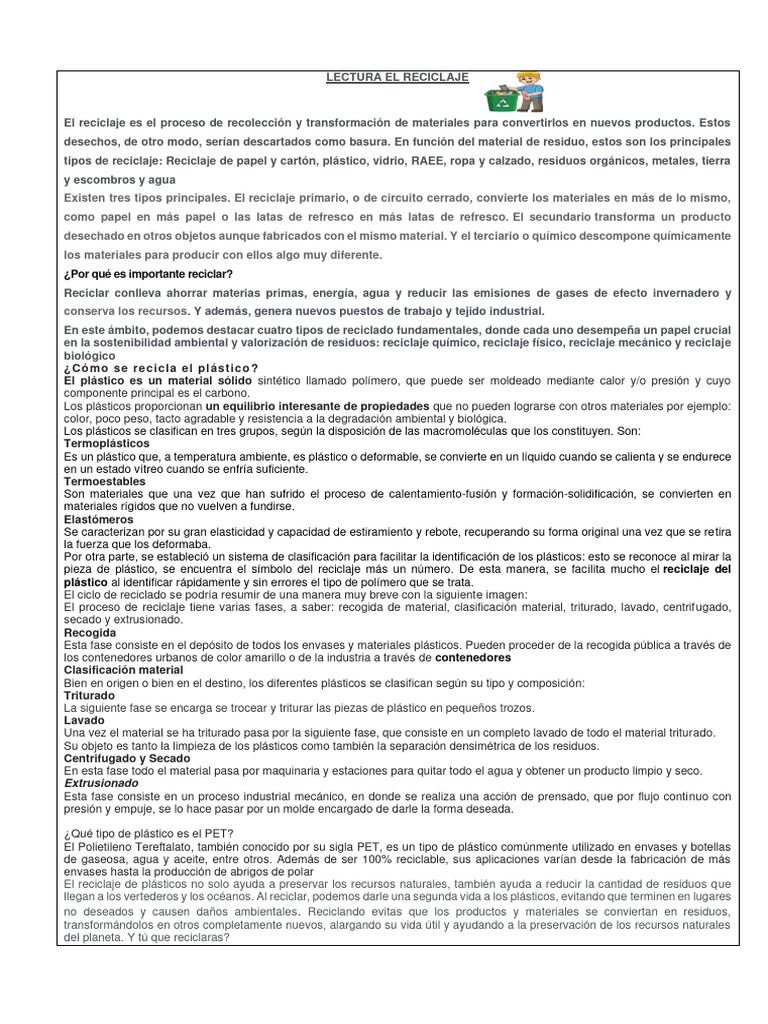 Lectura El Reciclaje | PDF | El plastico | Reciclaje