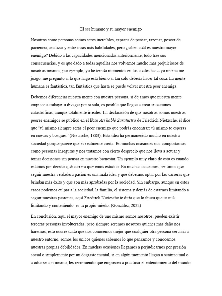 El ser humano: su peor enemigo | PDF | Friedrich Nietzsche | Pensamiento
